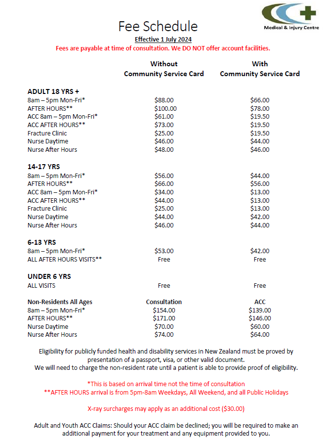 Fees - Medical and Injury Centre Nelson